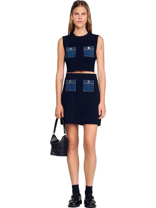 Sandro Knit Crop Top With Denim Pockets - Navy Blue
