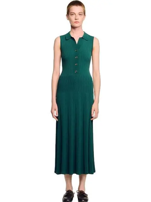 Sandro Sleeveless Knit Dress With Polo Neck - Dark Green