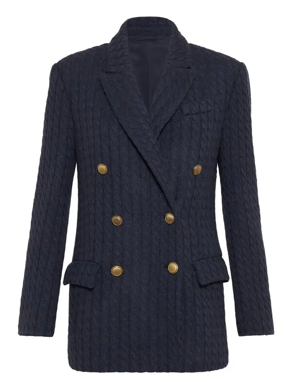 Brunello Cucinelli Cashmere Cable Knit Double-breasted Blazer - Blue