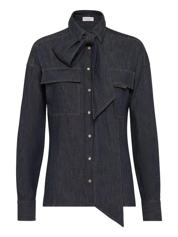 Brunello Cucinelli Denim Pussy-bow Shirt - Blue
