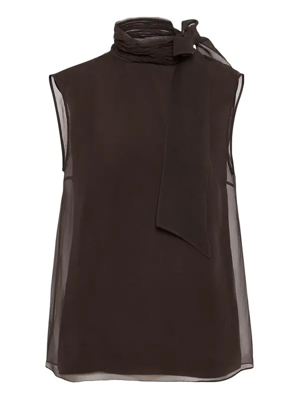 Brunello Cucinelli Silk Pussybow Sleeveless Top - Brown