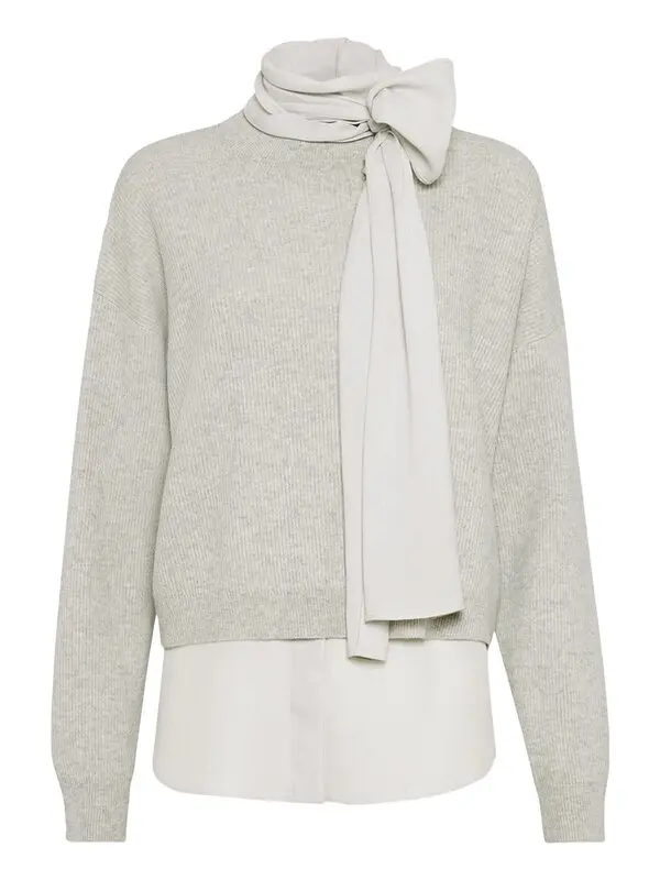 Brunello Cucinelli Cashmere Sweater With Detachable Pussybow Blouse - Grey