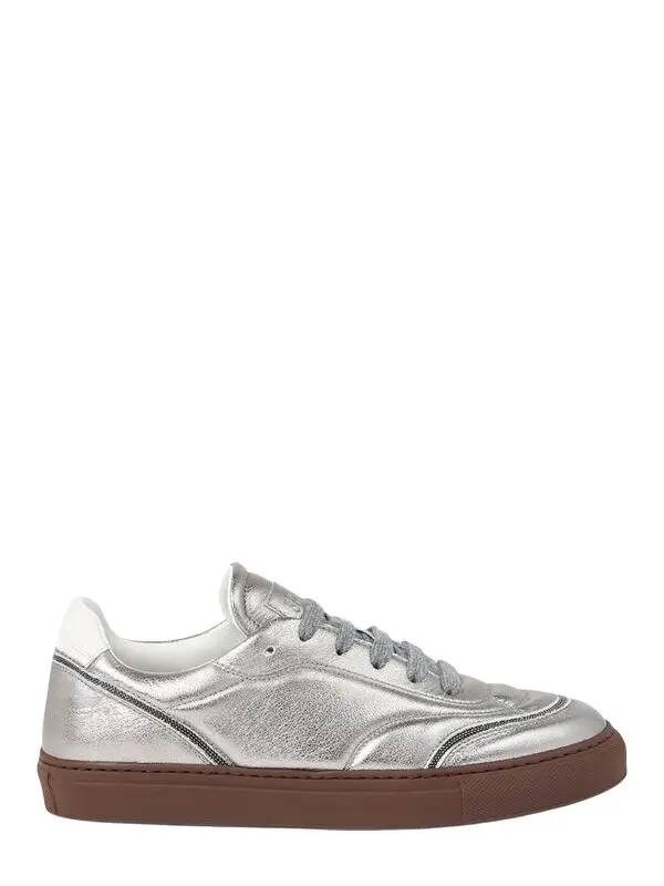 Brunello Cucinelli Leather Lamé Monili-trim Sneakers - Grey