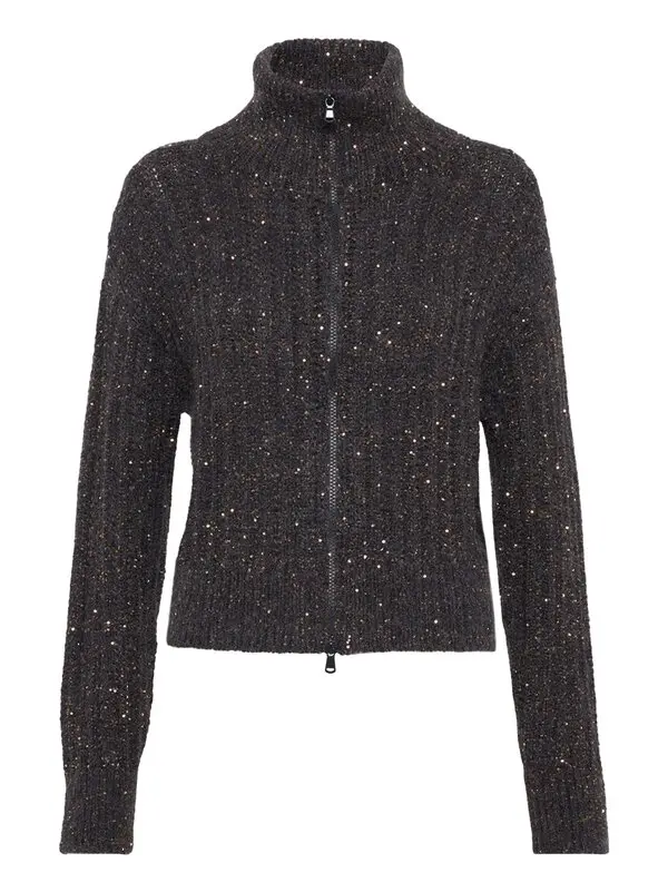 Brunello Cucinelli Sequin-embellished High-neck Cardigan - Black