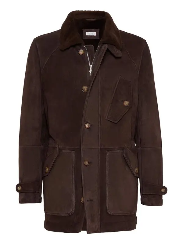 Brunello Cucinelli Suede Shearling Pea Coat - Brown