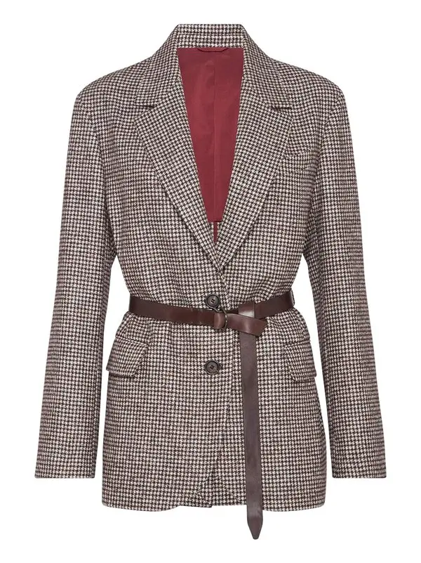 Brunello Cucinelli Wool-alpaca Houndstooth Belted Blazer - Brown
