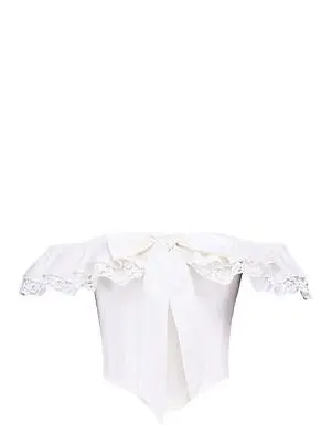 House Of Cb Stretch-cotton Corset Top With Bow Embellishment - Cloud Dancer
