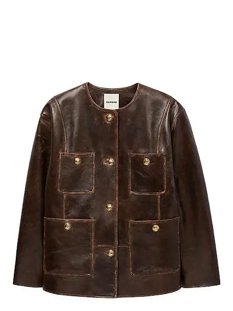 Sandro Distressed Button-embellished Leather Jacket - Black Brown