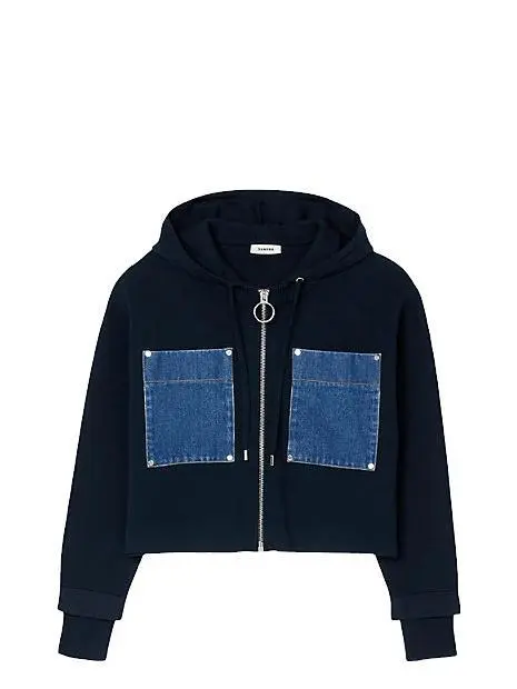 Sandro Relaxed-fit Knitted Hoody With Denim Pockets - Navy Blue
