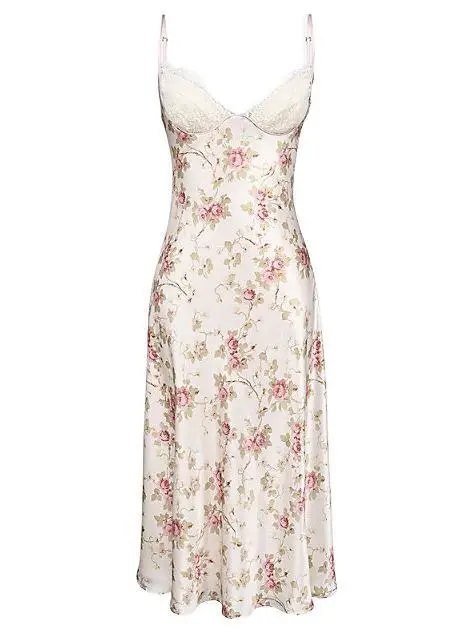 House Of Cb Felicity Floral-print Satin Midi Dress - Ivory Floral Print