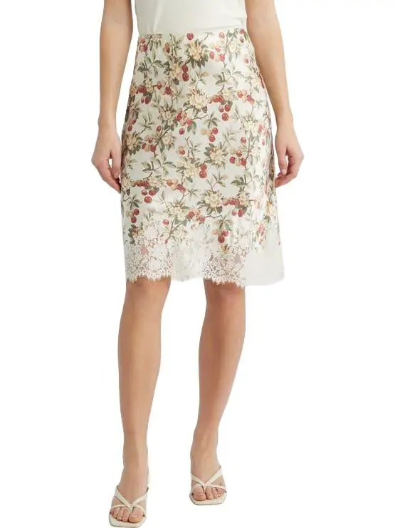 DÔEN Elowette Floral Lace Hem Silk Skirt - Cerise Et Fleur