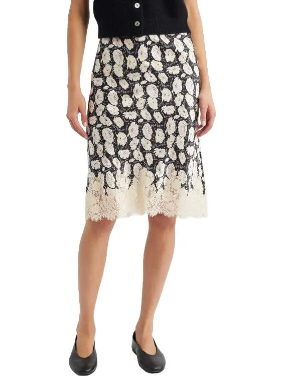 DÔEN Elowette Floral Lace Hem Silk Skirt - Noir Fleurs D'anemone