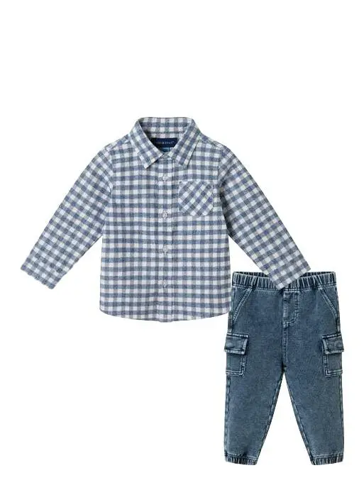 Andy & Evan Button-up Shirt & Denim Joggers Set - Blue Gingham