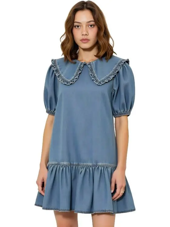MODENAIRE Ruffled Collar Dress With Puff Sleeves And Tiered Hem - Light Blue
