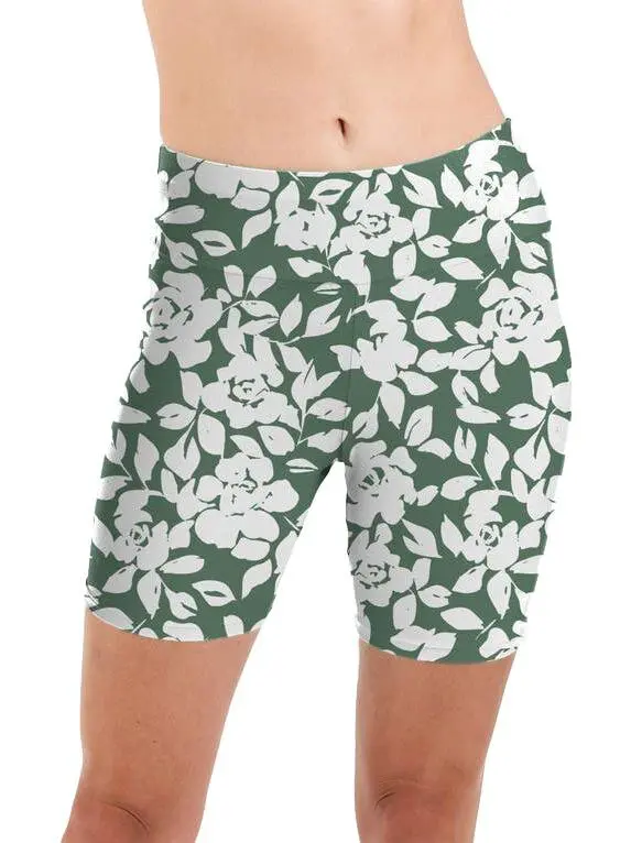 CALYPSA Mid-thigh Swim Shorts - Sage Green Roses