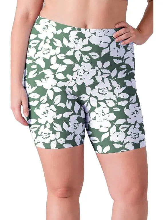 CALYPSA Mid-thigh Swim Shorts - Sage Green Roses