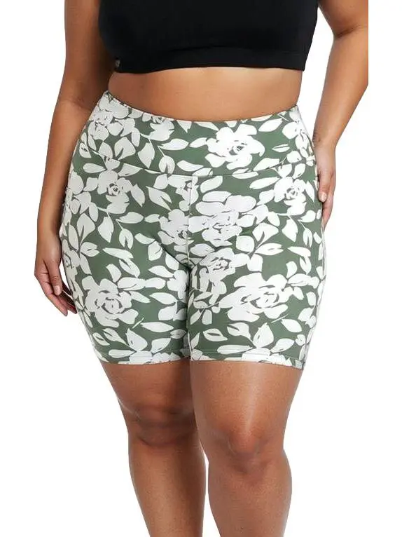 CALYPSA Mid-thigh Swim Shorts - Sage Green Roses