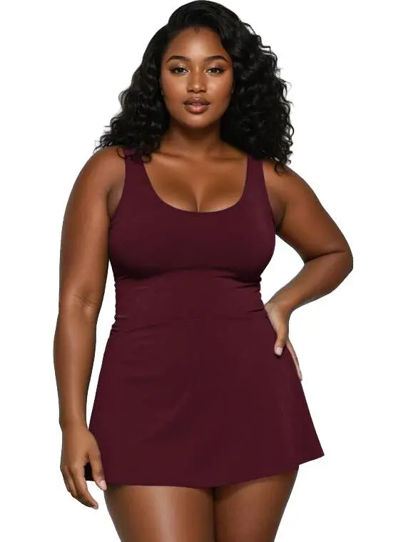 CALYPSA Tankini-style Swim Dress With Adjustable Straps And Hidden Bikini Bottoms - Wine