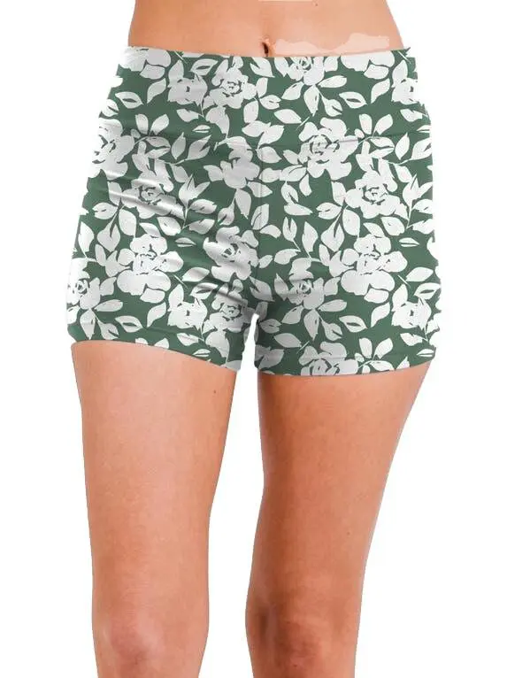 CALYPSA High-waisted Swim Shorts - Sage Green Roses