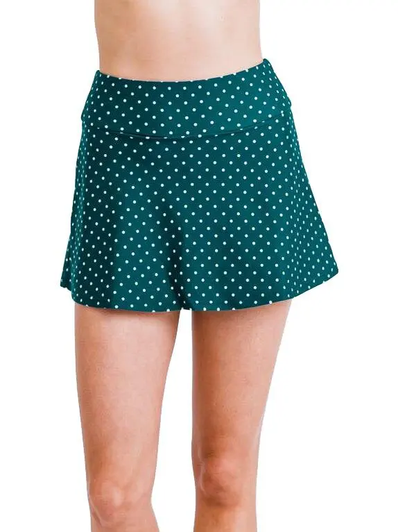 CALYPSA Short Swim Skort With Built-in Shorts - Dark Jade Small Dots