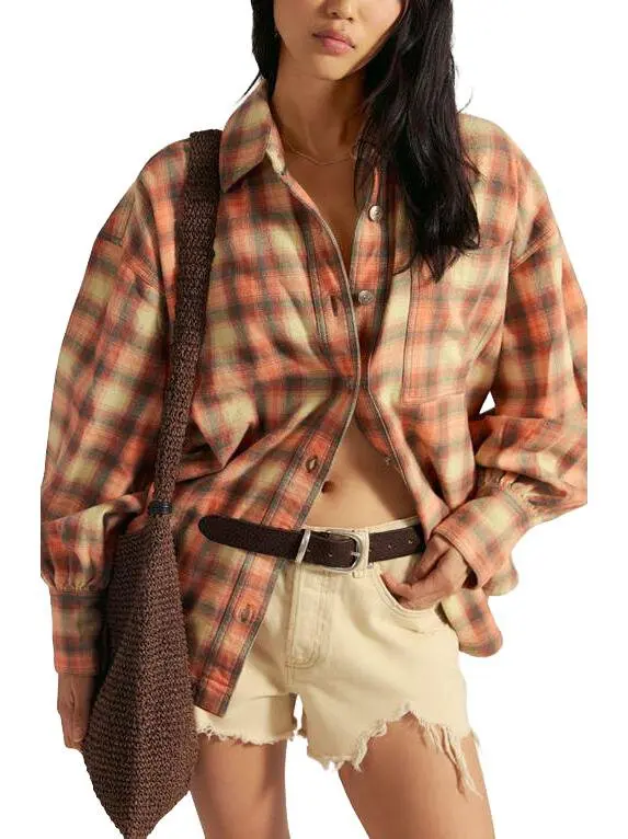 Free People Oversized Plaid Cotton Button-up Shirt - Sand Combo - Gia Pla