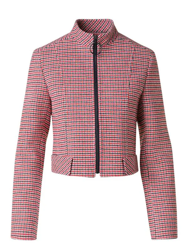 Akris Houndstooth Wool Fresco Crop Bomber Jacket - Black-vermillion-cream