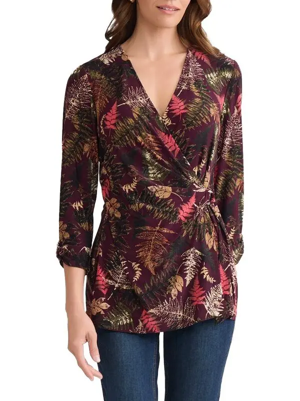 Jones New York Leaf Print Wrap Top - Wine Plum Multi
