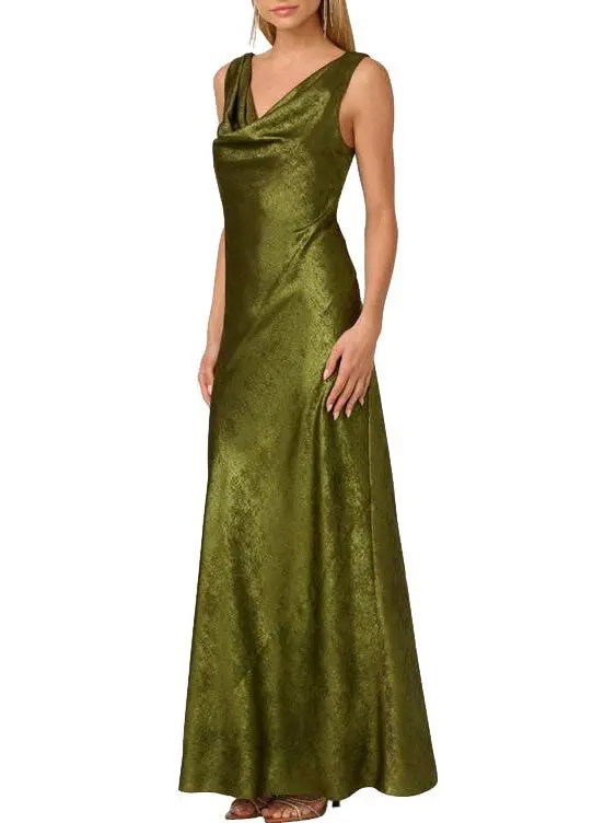 Adrianna Papell Cowl Neck Foil Gown - Dark Olive