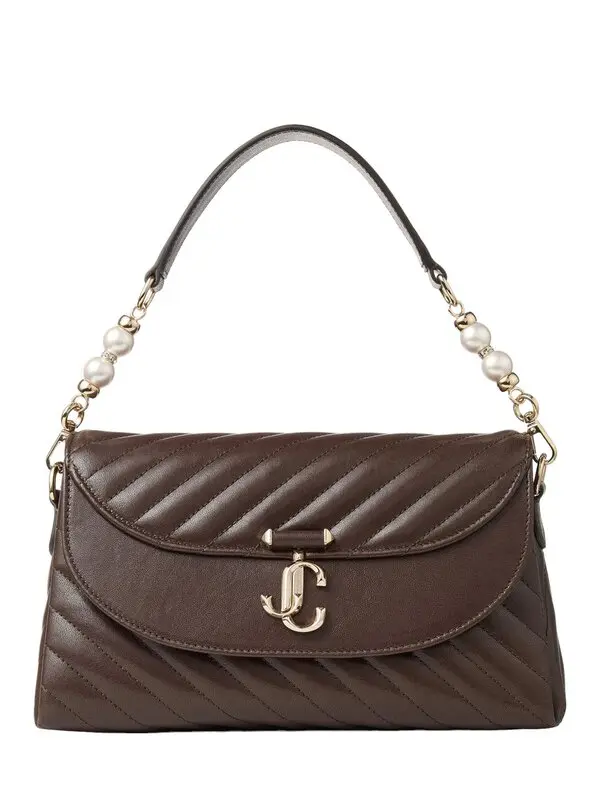 JIMMY CHOO Curve Top Handle Quilted Biker Leather Shoulder Bag With Pearl Embellishments - Chocolate/shiny Gold