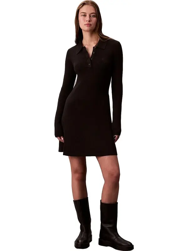 Calvin Klein Cotton Rib V-neck Polo Mini Dress - Black
