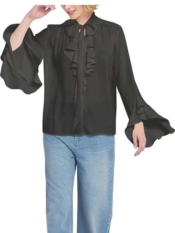 ELLE COLLECTION Flounce Trimmed Tie Neck Blouse - Black