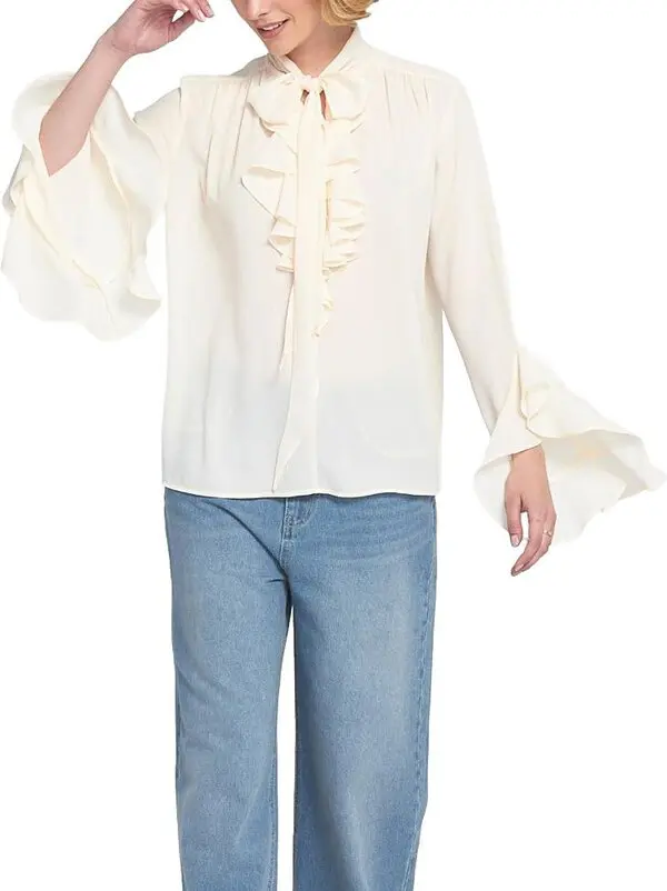 ELLE COLLECTION Flounce Trimmed Tie Neck Blouse - White