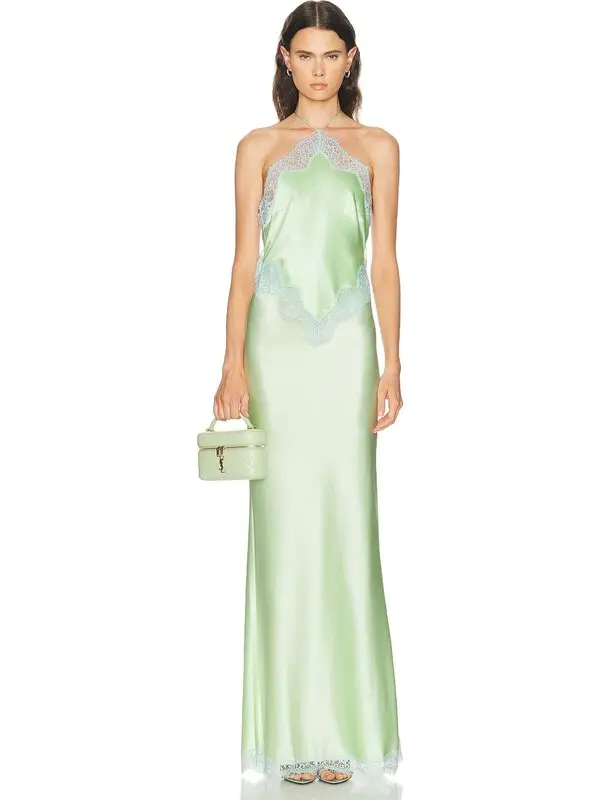 Retrofete Everly Halterneck Maxi Dress With Scalloped Lace Detailing - Glace Pistachio
