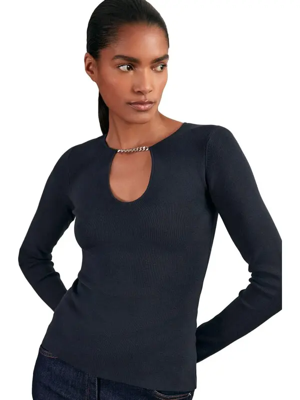 REISS Tilly Keyhole Knit Top With Chain Detail - Navy