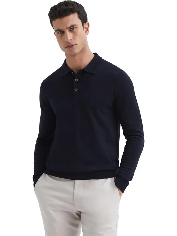 REISS Trafford Merino Wool Polo Shirt - Navy