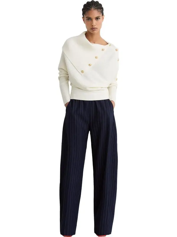 REISS Rib-knit Button Shawl Jumper - Ivory