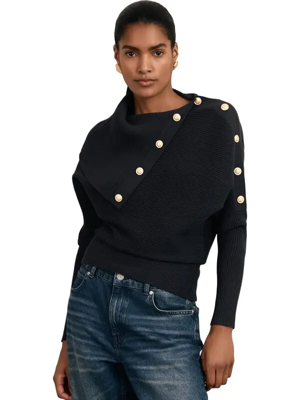 REISS Rib-knit Button Shawl Jumper - Navy