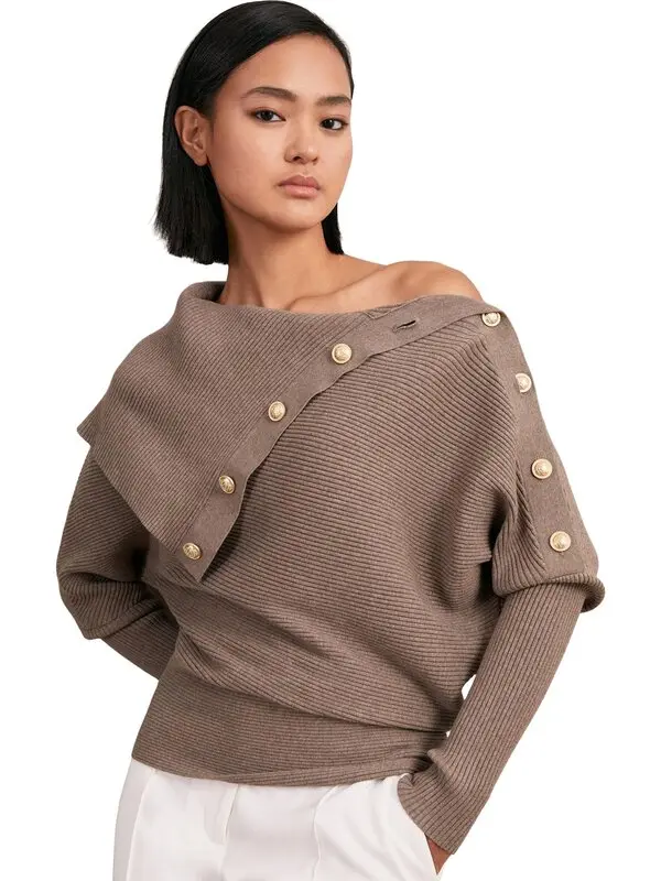REISS Rib-knit Button Shawl Jumper - Taupe
