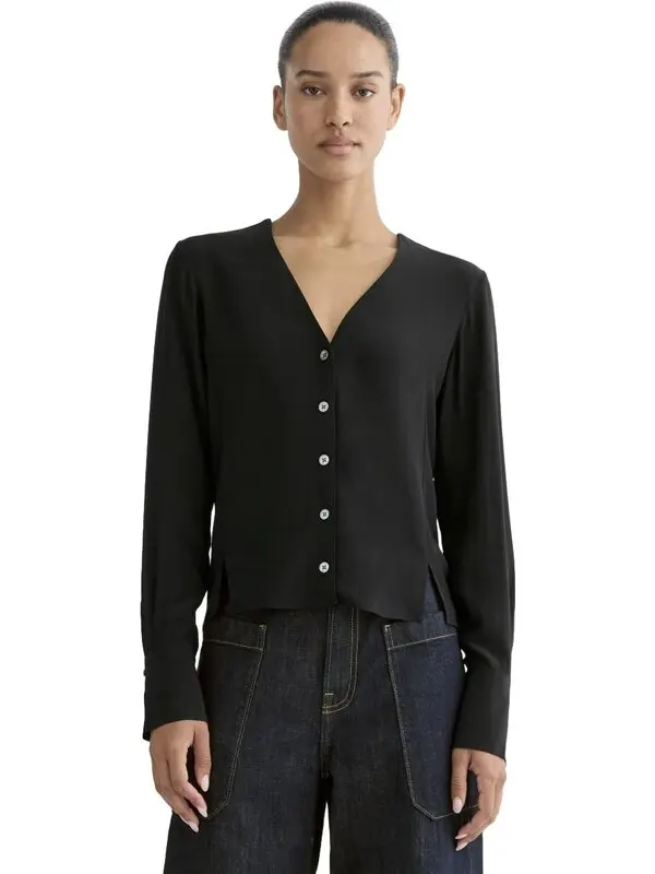 Everlane Washable Silk V-neck Blouse - Black