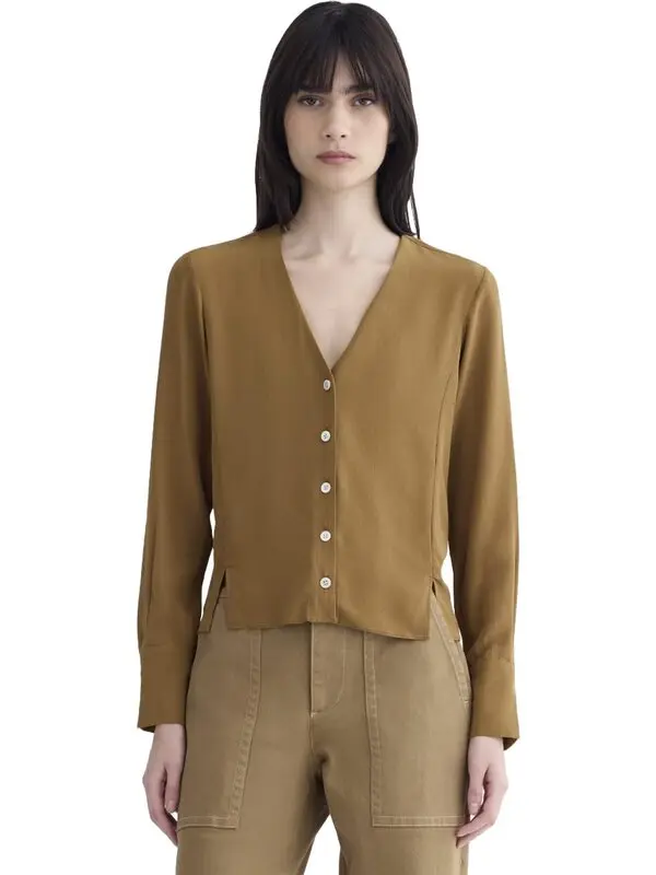Everlane Washable Silk V-neck Blouse - Toffee
