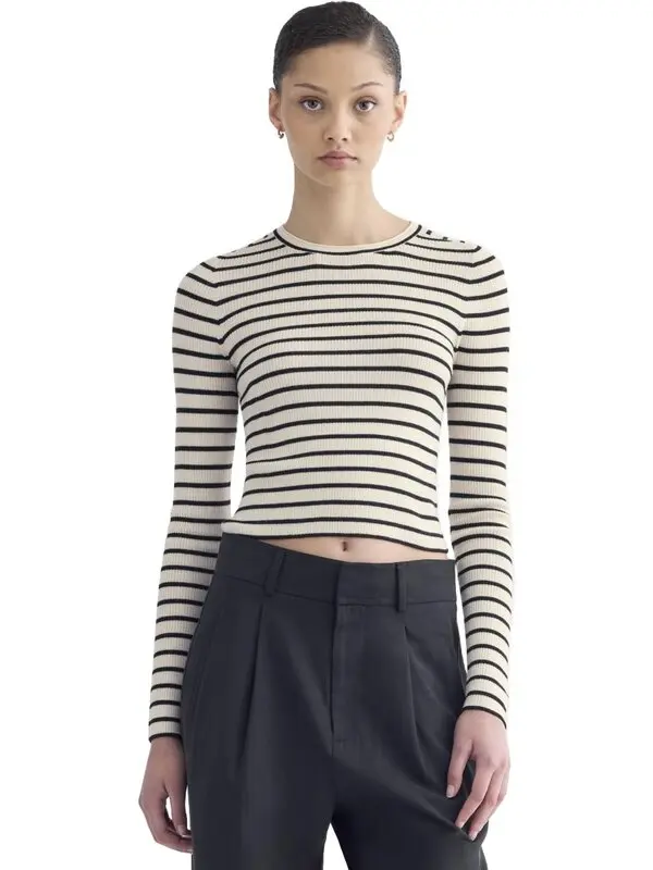 Everlane Cropped Crew Neck Ultrafine Merino Sweater - Parchment / Black
