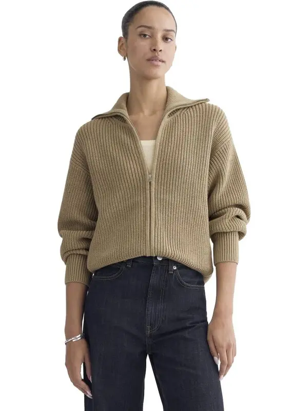Everlane Full-zip Sweater In Everyday Cotton - Dark Heathered Camel