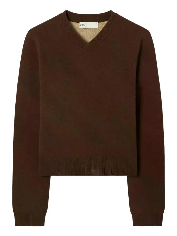 Tory Burch V-neck Wool-cashmere Blend Sweater - Brown