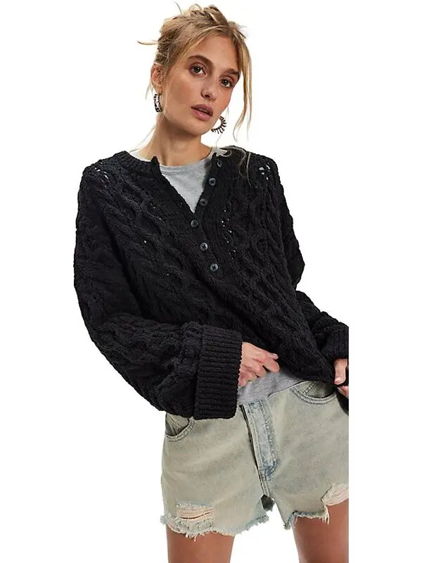 Free People Cable-knit Cardigan - Black