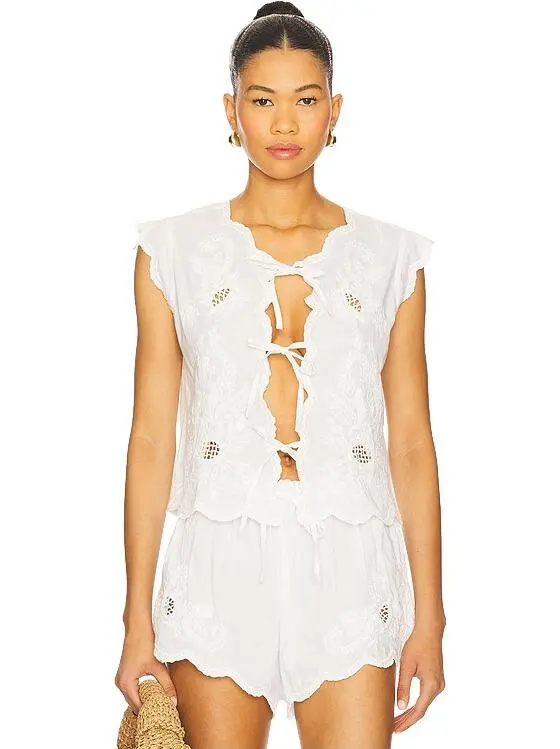 Tularosa Tory Top Embroidered Eyelet Front Tie Blouse - White