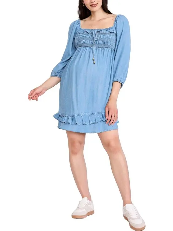 Motherhood Maternity Smocked Babydoll Long Sleeve Mini Dress - Medium Wash