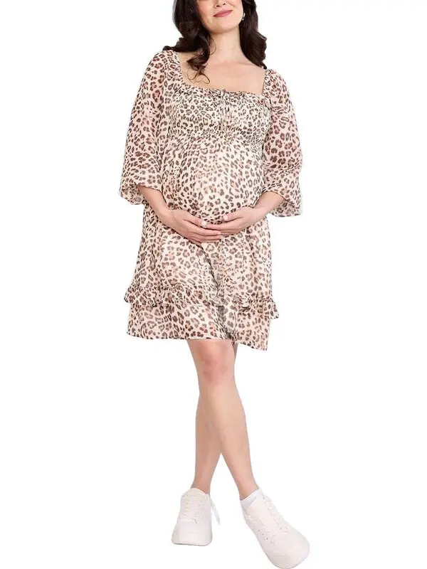 Motherhood Maternity Smocked Babydoll Long Sleeve Mini Dress - Soft Cheetah