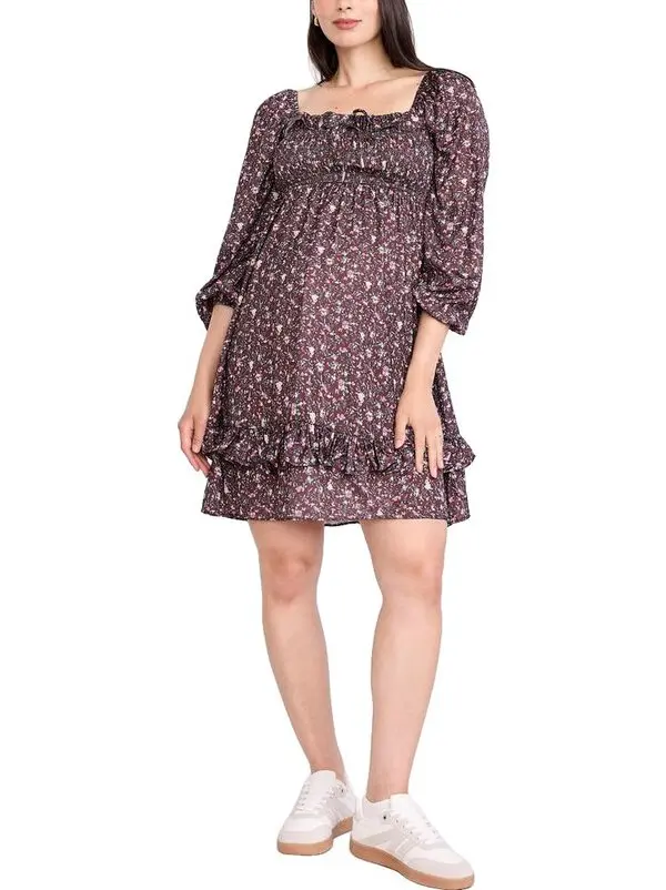 Motherhood Maternity Smocked Babydoll Long Sleeve Mini Dress - Tawny Port Floral