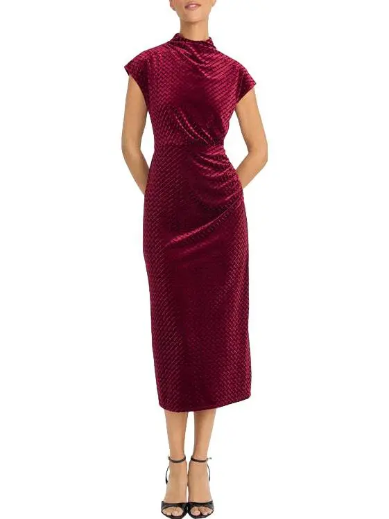 Maggy London Cap Sleeve Textured Velvet Midi Dress - Cabernet