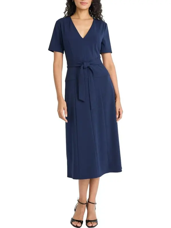 Maggy London Short Sleeve Tie Waist A-line Midi Dress - Navy Blazer